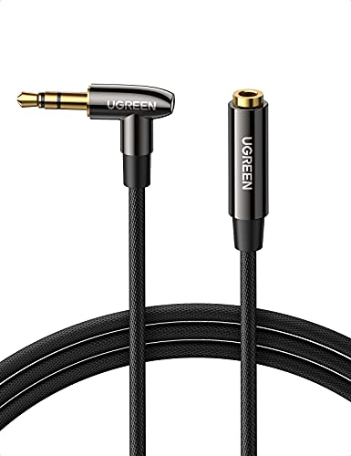 UGREEN 3.5mm Headphone Extension Cable Right Angle Aux Extender Stereo Jack Male to Female Earphone Lead Nylon Cord Compatible with Smart TV, Car Radio, PC, MacBook, Speaker, MP3 Player, Phone, 6FT