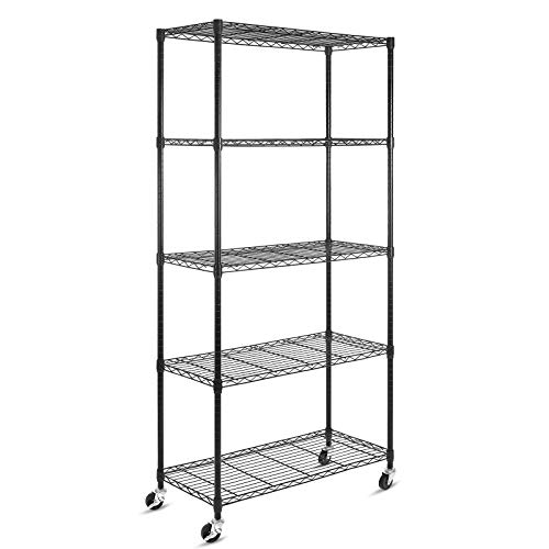 WDT 5-Shelf Shelving Units on Wheels Casters, Adjustable Heavy Duty Metal Shelf Wire Storage Rack for Home Office Garage Kitchen Bathroom Organization(16”Wx36”Dx75”H), Black