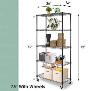 WDT 5-Shelf Shelving Units on Wheels Casters, Adjustable Heavy Duty Metal Shelf Wire Storage Rack for Home Office Garage Kitchen Bathroom Organization(16”Wx36”Dx75”H), Black