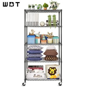 WDT 5-Shelf Shelving Units on Wheels Casters, Adjustable Heavy Duty Metal Shelf Wire Storage Rack for Home Office Garage Kitchen Bathroom Organization(16”Wx36”Dx75”H), Black