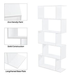 Sunon Geometric 5-Tier Bookshelf, Modern Bookshelf 5 Standing Shelves Bookcase S Shape Display Shelf and Room Divider, Unique Z Freestanding Decorative Storage Shelving Corner Bookcase for Bedroom