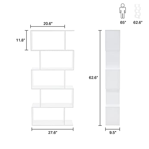 Sunon Geometric 5-Tier Bookshelf, Modern Bookshelf 5 Standing Shelves Bookcase S Shape Display Shelf and Room Divider, Unique Z Freestanding Decorative Storage Shelving Corner Bookcase for Bedroom