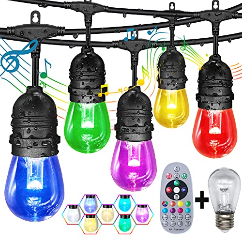 GANA Outdoor String Lights, Patio Lights 48FT Music Flash RGBW Colourful, Safe 12V Low Voltage LED Shatterproof Bulbs Connectable, Heavy Duty Wire IP65 Waterproof Level for Courtyards Cafe Bistro