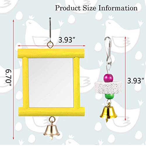 Vehomy 2Pcs Chicken Mirror Toys for Hens Hanging Swing Mirror Toys with Bells and Beak Grinding Molar Stones for Roosters Hens Birds Parrots (Yellow and Red)