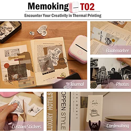 Memoking Mini Printer Sticker Maker T02 Thermal Photo Printer, Bluetooth Wireless Portable Phone Printer, Small Instant Pocket Printer, for Anatomy Picture, Children DIY, Pink