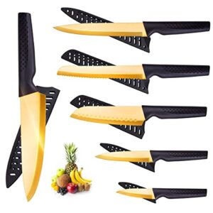 fasaka knives set for kitchen, chef knife set, kitchen knife sets, 6pcs titanium coated golden high carbon steel made kitchen knives & 6pcs knife sheaths with gift box, house warming gift