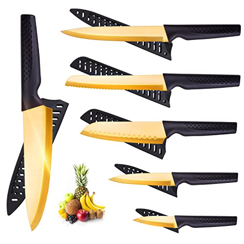 FASAKA Knives Set for Kitchen, Chef Knife Set, Kitchen Knife Sets, 6Pcs Titanium Coated Golden High Carbon Steel Made Kitchen Knives & 6Pcs Knife Sheaths with Gift Box, House Warming Gift