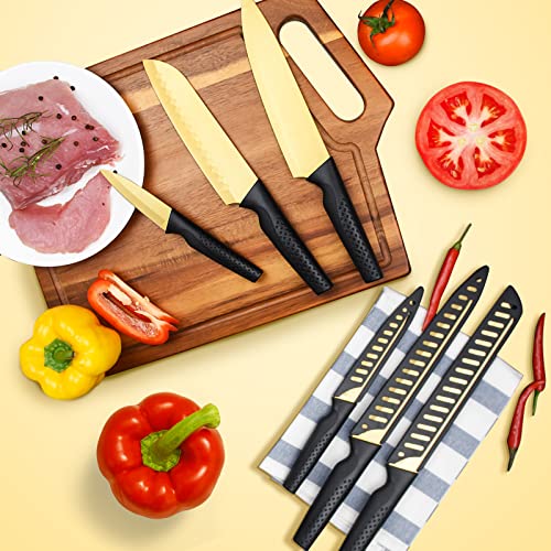 FASAKA Knives Set for Kitchen, Chef Knife Set, Kitchen Knife Sets, 6Pcs Titanium Coated Golden High Carbon Steel Made Kitchen Knives & 6Pcs Knife Sheaths with Gift Box, House Warming Gift