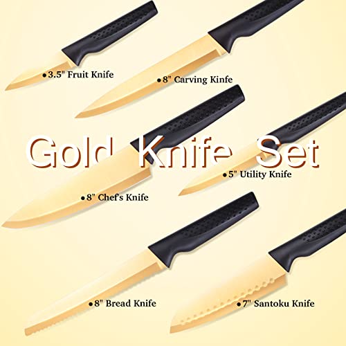 FASAKA Knives Set for Kitchen, Chef Knife Set, Kitchen Knife Sets, 6Pcs Titanium Coated Golden High Carbon Steel Made Kitchen Knives & 6Pcs Knife Sheaths with Gift Box, House Warming Gift