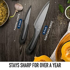 Vos Ceramic Knife Set with Covers 2 Pcs - 5" Santoku Knife, 3" Paring Knife and 2 Black Covers - Advanced Kitchen Knives for Cutting, Chopping, Slicing, Dicing with Ergonomic Unique Handles