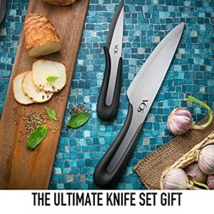 Vos Ceramic Knife Set with Covers 2 Pcs - 5" Santoku Knife, 3" Paring Knife and 2 Black Covers - Advanced Kitchen Knives for Cutting, Chopping, Slicing, Dicing with Ergonomic Unique Handles