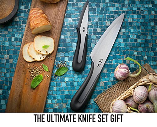 Vos Ceramic Knife Set with Covers 2 Pcs - 5" Santoku Knife, 3" Paring Knife and 2 Black Covers - Advanced Kitchen Knives for Cutting, Chopping, Slicing, Dicing with Ergonomic Unique Handles