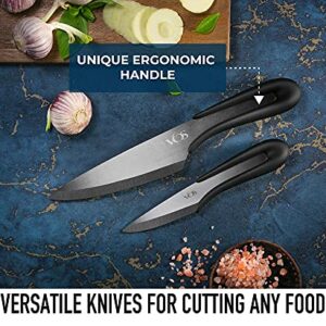 Vos Ceramic Knife Set with Covers 2 Pcs - 5" Santoku Knife, 3" Paring Knife and 2 Black Covers - Advanced Kitchen Knives for Cutting, Chopping, Slicing, Dicing with Ergonomic Unique Handles