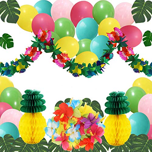 Hawaiian Luau Party Decorations 82Pcs, Tropical Party Balloons, Palm Leaves, Flower Banner, Hibiscus Flowers, Pineapple, for Summer Party Supplies Beach Party Wedding Birthday Party For Adult & Kid