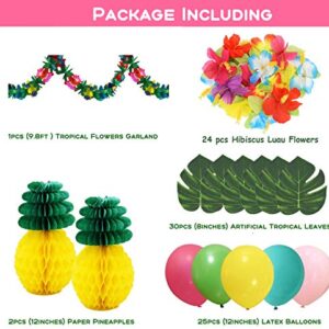 Hawaiian Luau Party Decorations 82Pcs, Tropical Party Balloons, Palm Leaves, Flower Banner, Hibiscus Flowers, Pineapple, for Summer Party Supplies Beach Party Wedding Birthday Party For Adult & Kid