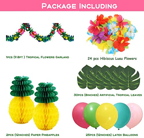 Hawaiian Luau Party Decorations 82Pcs, Tropical Party Balloons, Palm Leaves, Flower Banner, Hibiscus Flowers, Pineapple, for Summer Party Supplies Beach Party Wedding Birthday Party For Adult & Kid