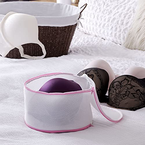 Household Essentials Bra Wash Bag, Large, Soft Polyester Mesh, Dual Zippered Compartments, Snag and Tangle Resistant, Contoured Design, Perfect for Expensive or Delicate Lingerie, White and Pink Trim