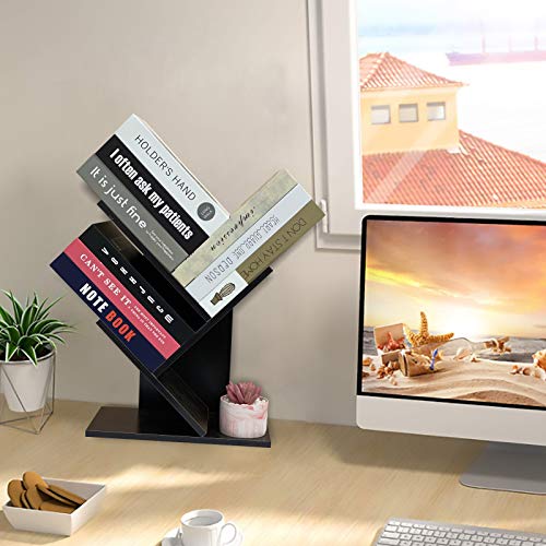 Lydia88 Tree Bookshelf，2-Layer Floor Standing Bookshelf，The Desktop Bookshelf Can Hold Books，Magazines, CDs and Photo Albums，Desktop Organizer，Office Storage Rack Real Wooden Bookshelf，Black