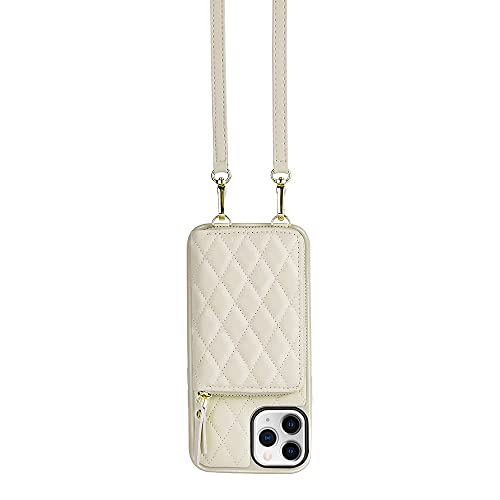 LAMEEKU iPhone 11 Pro Max Case Wallet, Card Holder Case Quilted Leather Crossbody Wallet Case for Lady with Wrist Strap Shockproof Case Compatible with iPhone 11 Pro Max, 6.5"-Beige