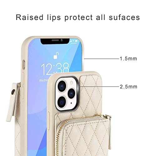 LAMEEKU iPhone 11 Pro Max Case Wallet, Card Holder Case Quilted Leather Crossbody Wallet Case for Lady with Wrist Strap Shockproof Case Compatible with iPhone 11 Pro Max, 6.5"-Beige