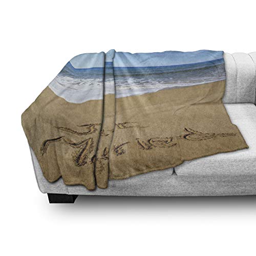 Ambesonne Wedding Soft Flannel Fleece Throw Blanket, Just Married Written on Sandy Beach Ocean Waves Romantic Photo Celebration, Cozy Plush for Indoor and Outdoor Use, 50" x 60", White Brown