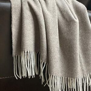 Eikei Wool Throw Blanket Geo Herringbone Pattern Oversized Couch Throw Blanket Fringe Trim Soft Merino Woolen Afghan Minimalist Style Lightweight Machine Washable (Light Beige, 55Wx78L)