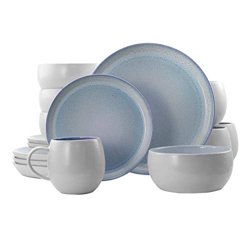 Elama Round Stoneware Mocha Collection Contemporary Dinnerware Dish Set, 16 Piece, Blue and White