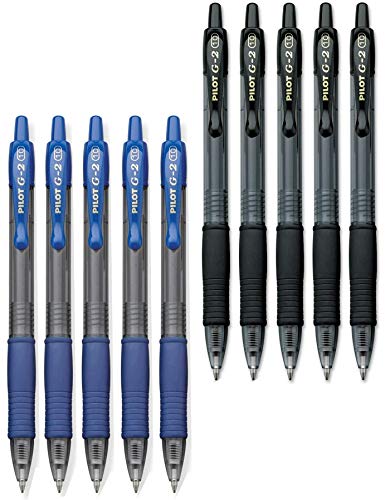 Pilot G2 pens retractable Gel Roller ballpoint Bold pt 1.0 Black & Blue Bundle, (Total 10 COUNT)