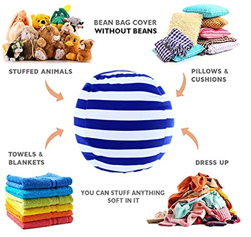 2 Packs Stuffed Animal Storage Beanbag Cover 24" Bean Bag Storage for Kids Girs Boys Room Toys Organizer Heavy-duty Zipper Bean Bag Chair Covers Only Grey Blue White Stripes Cotton Canvas