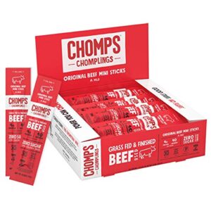 chomps snack size grass fed beef jerky meat snack sticks, keto, paleo, whole30 approved, sugar free, low carb, nitrate free, gluten free, high protein, non-gmo, 40 calories 0.5 oz, original beef 24 pack