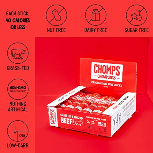 CHOMPS Snack Size Grass Fed Beef Jerky Meat Snack Sticks, Keto, Paleo, Whole30 Approved, Sugar Free, Low Carb, Nitrate Free, Gluten Free, High Protein, Non-GMO, 40 Calories 0.5 Oz, Original Beef 24 Pack