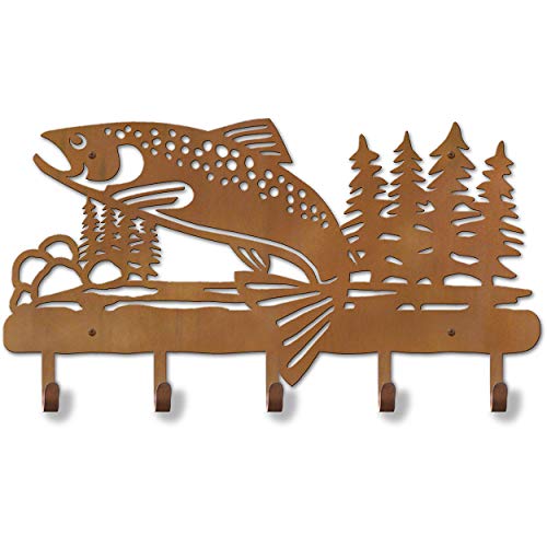 Cold Nose Creations 24in Fishing Theme Jumping Trout in Stream Decorative Metal Wall Mount 5-Hooks Hat and Coat Rack