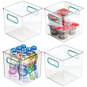 mdesign plastic kitchen pantry cabinet, refrigerator or freezer food storage bins with handles - organizer for fruit, yogurt, snacks, pasta - food safe, bpa free, 6" cube, 4 pack - clear/blue