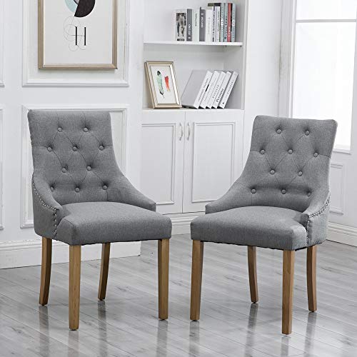 HomeSailing Grey Dining Chair with Arms Set of 2 Hostess Armchairs Comfy Fabric Upholstered with Button for Kitchen Restaurant Living Room Soft High Back Side Chairs (Gray)