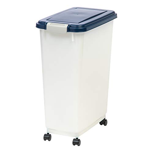 IRIS USA 35 Lbs / 47 Qt WeatherPro Airtight Pet Food Storage Container with Attachable Casters, For Dog Cat Bird and Other Pet Food Storage Bin, Keep Pests Out, Easy Mobility, BPA Free, Navy/Pearl