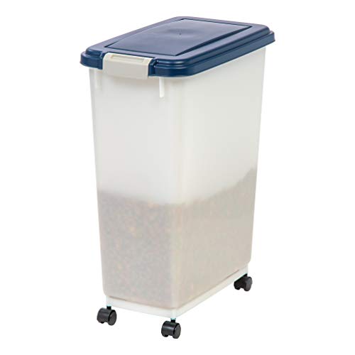 IRIS USA 35 Lbs / 47 Qt WeatherPro Airtight Pet Food Storage Container with Attachable Casters, For Dog Cat Bird and Other Pet Food Storage Bin, Keep Pests Out, Easy Mobility, BPA Free, Navy/Pearl