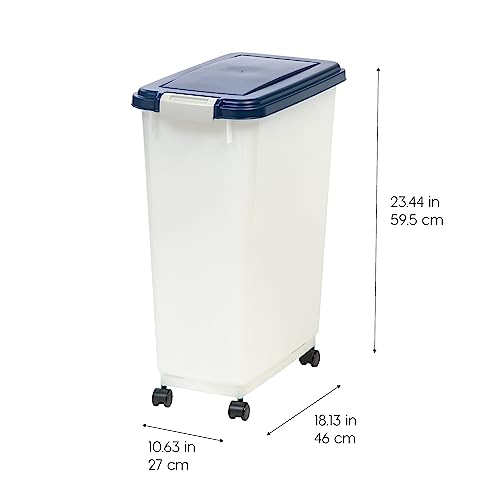 IRIS USA 35 Lbs / 47 Qt WeatherPro Airtight Pet Food Storage Container with Attachable Casters, For Dog Cat Bird and Other Pet Food Storage Bin, Keep Pests Out, Easy Mobility, BPA Free, Navy/Pearl