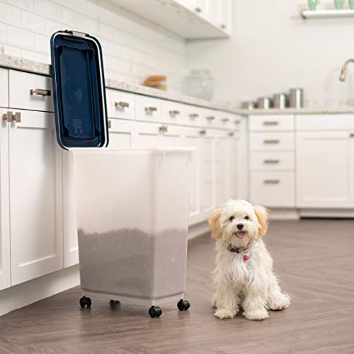 IRIS USA 35 Lbs / 47 Qt WeatherPro Airtight Pet Food Storage Container with Attachable Casters, For Dog Cat Bird and Other Pet Food Storage Bin, Keep Pests Out, Easy Mobility, BPA Free, Navy/Pearl