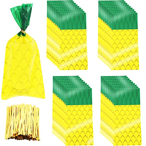 Chinco 100 Pieces Pineapple Cellophane Bags Cellophane Treat Bags Party Favor Bags with 200 Pieces Gold Twist Ties for Cookies Candies Summer Hawaiian Holiday Holiday Swimming Pool Party