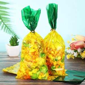 Chinco 100 Pieces Pineapple Cellophane Bags Cellophane Treat Bags Party Favor Bags with 200 Pieces Gold Twist Ties for Cookies Candies Summer Hawaiian Holiday Holiday Swimming Pool Party