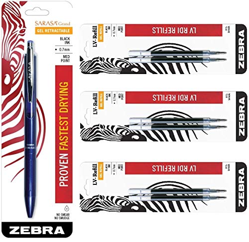 Zebra Sarasa Grand, Retractable Gel Ink Pen, Navy Barrel, Medium Point, 0.7mm, Black Ink, 1-Count Bundle with 6 Refills