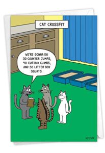 nobleworks - 1 funny animal card for birthdays - pet cat and dog humor, birthday notecard with envelope - cat gym c7298bdg