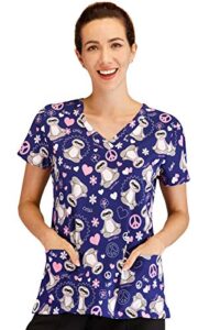 minty mint women's stretch printed v-neck medical scrub top navy pink s