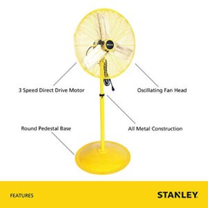 Stanley 24 Inch Oscillating Industrial High Velocity Pedestal Fan - Use for Shop, Garage or Warehouse, All-Metal Construction, 3 Speed Settings (ST-24POSC)