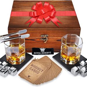 Whiskey Stones Gift Set by Royal Reserve | Artisan Crafted Chilling Rocks Scotch Bourbon Glasses and Slate Table Coasters – Gift for Guy Men Dad Boyfriend Anniversary or Retirement