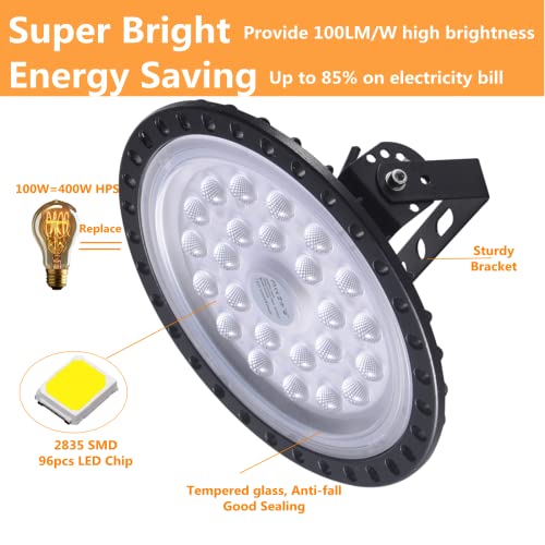 100W UFO LED High Bay Light lamp Factory Warehouse Industrial Lighting 10000 Lumen 6000k IP65 Warehouse LED Lights- High Bay LED Lights- Commercial Bay Lighting for Garage Factory Workshop Gym