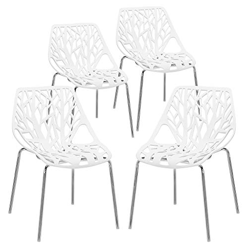 Bonnlo Modern Stackable Chair Set of 4,Kitchen White Dining Chairs,Birch Sapling Comfy Chairs for Dining Room,Living Room,Waiting Room (White)