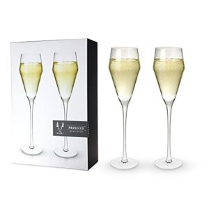 viski raye angled crystal prosecco glasses set of 2, no-lead premium crystal clear glass, modern stemmed, prosecco glass gift set, 8oz