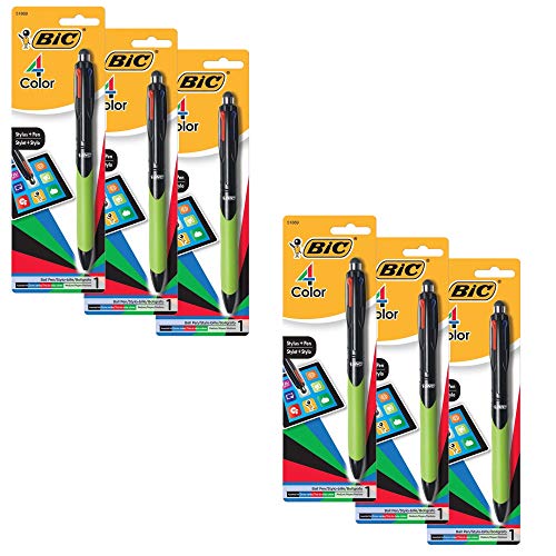 BIC 4-Color Grip Ballpoint Pen with Stylus, Medium Point (1.0mm), Assorted Inks, 6-Count