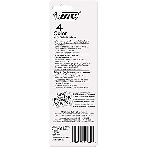 BIC 4-Color Grip Ballpoint Pen with Stylus, Medium Point (1.0mm), Assorted Inks, 6-Count